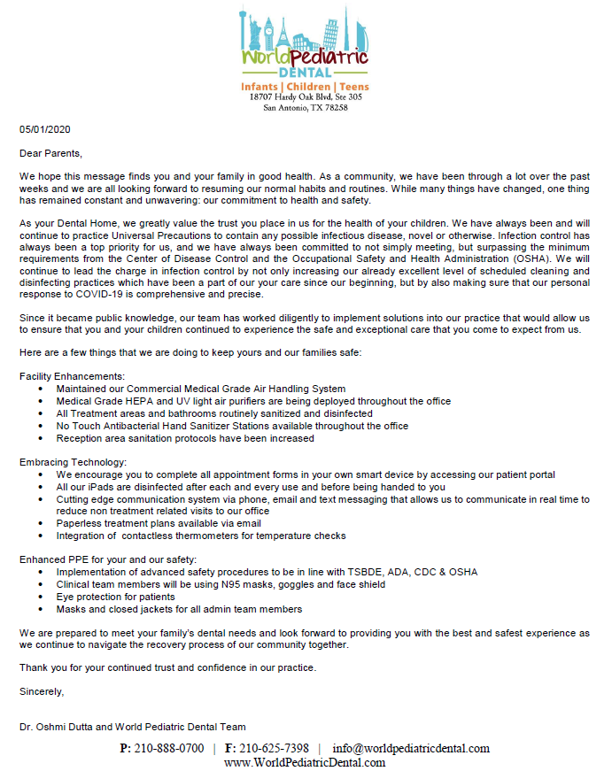 WPD Re-Opening Letter | World Pediatric Dental